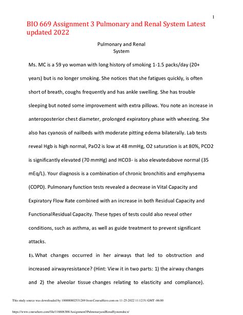 Bio 669 Assignment 3 Pulmonary And Renal System Latest Updated 2022100