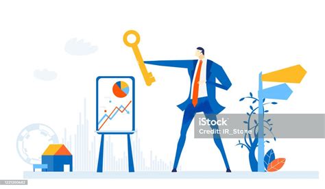 프리젠 테이션을 갖는 사업가 성장과 잠재적 인 성공에 대해 이야기 데이터를 분석하고 성공의 상징으로 황금 키를 들고 개념 그림 개념에 대한 스톡 벡터 아트 및 기타 이미지