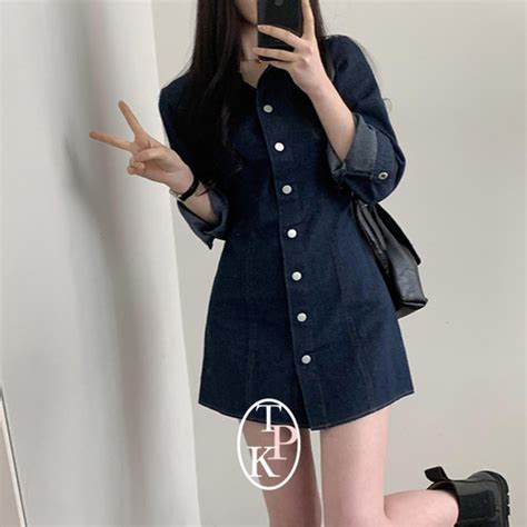 더핑크 숏롱1분코디 도이 스티치 뒷밴딩 셔츠 생지 데님 미니 원피스 2color