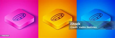 아이소메트릭 라인 금색 반지 아이콘은 분홍색과 주황색 파란색 배경에 분리되어 있습니다 정사각형 버튼 벡터 3차원 형태에 대한 스톡 벡터 아트 및 기타 이미지 Istock