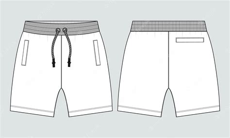 땀 반바지 바지 기술 드로잉 패션 플랫 스케치 벡터 일러스트 템플릿 앞면과 뒷면 프리미엄 벡터