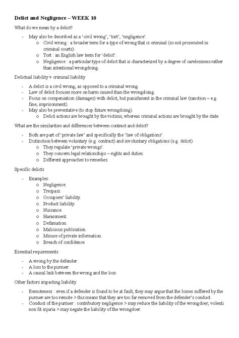 lit21c week 10 lecture notes from slides for week 10 of the course year 1 delict and