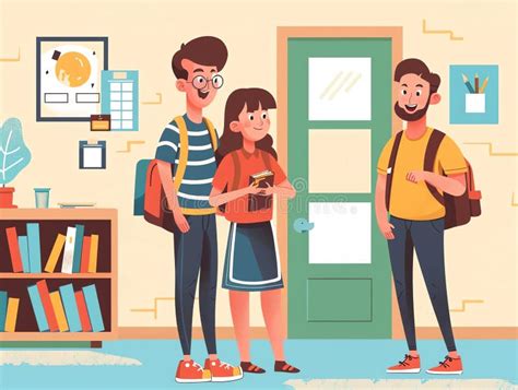 Three Students Standing In A Classroom With Backpacks And Books Ready