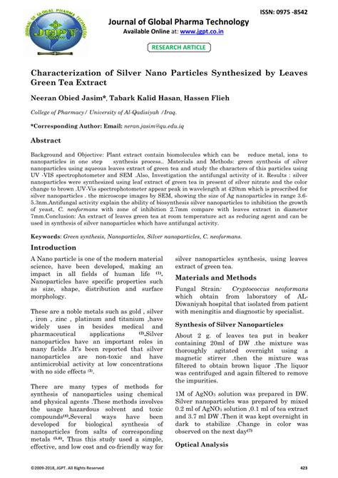 Pdf Characterization Of Silver Nano Particles Synthesized By Leaves