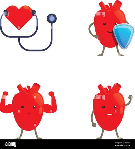 Healthy Heart Icons Set Cartoon Vector Cute Happy Healthy Heart Organ