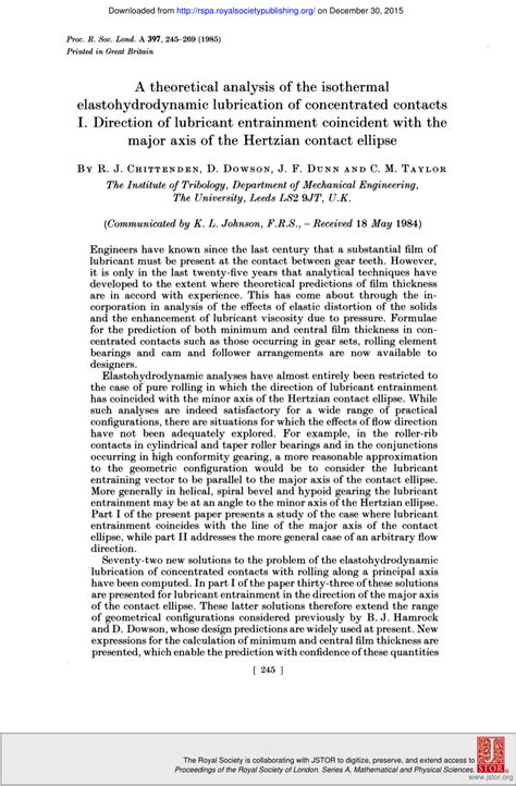 Pdf A Theoretical Analysis Of The Isothermal Elastohydrodynamic Lubrication Of Concentrated