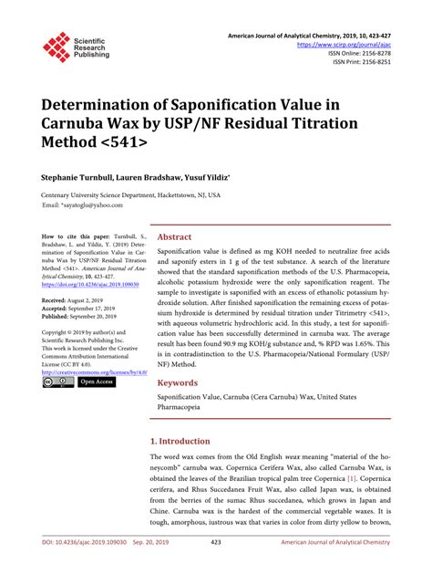 Pdf Determination Of Saponification Value In Carnuba Wax By Uspnf