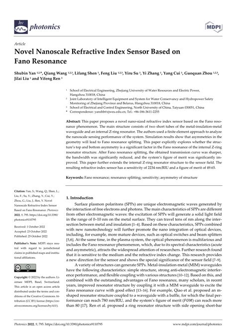 Pdf Novel Nanoscale Refractive Index Sensor Based On Fano Resonance