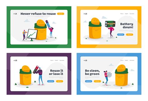 배터리 재활용 방문 페이지 템플릿 세트입니다 작은 캐릭터는 거대한 컨테이너에 배터리 쓰레기를 넣습니다 쓰레기 처리 환경 보존