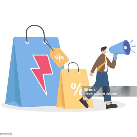 사업가가 확성기를 들고 있습니다 특별 제공 전자 상거래 상점 프로모션 전자 상거래 프로모션 플래시 세일 증명서 또는 할인 쿠폰 평면 벡터 일러스트 레이 션 개념에 대한 스톡