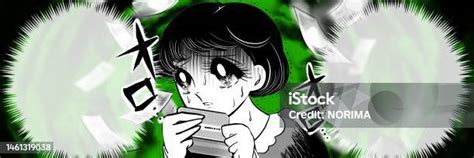 70 년대 쇼와 레트로 Shoujo 만화창백한 얼굴과 배경에 날아 다니는 지폐를 가진 검은 머리 여자의 흑백 그림 1970 1979 년에 대한 스톡 벡터 아트 및 기타