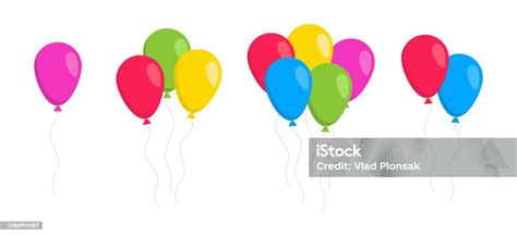평평한 스타일의 컬러 풍선 세트 생일과 파티를위한 만화 풍선 벡터 3차원 형태에 대한 스톡 벡터 아트 및 기타 이미지 3차원