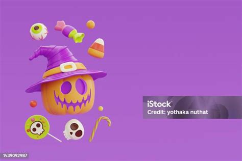 마녀 모자 화려한 사탕과 과자를 입은 잭오랜턴 호박 캐릭터가 보라색 배경에 떠 있는 해피 할로윈 3d 렌더링 0명에 대한 스톡 사진 및 기타 이미지 Istock