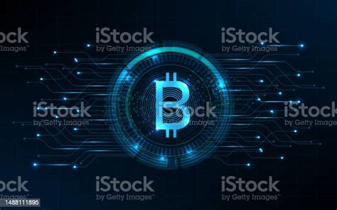 Bitcoin Crypto Currency เทคโนโลยีดิจิทัลบนแผงวงจรพื้นหลังสีเข้มสีน้ําเงิน ภาพประกอบสต็อก ดาวน์