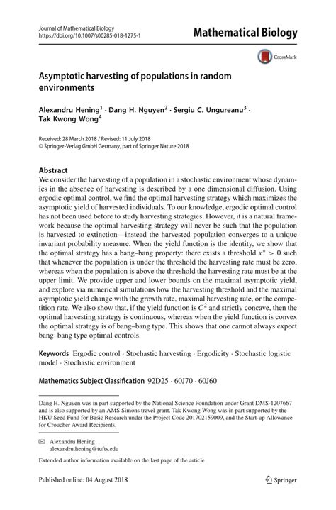 Pdf Asymptotic Harvesting Of Populations In Random Environments