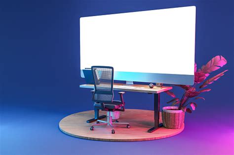 거대한 와이드스크린 모니터가 있는 나무 연단에 있는 단일 격리된 컴퓨터 작업 공간 프리랜서 및 홈 오피스 개념 3d 일러스트레이션 0명에 대한 스톡 사진 및 기타 이미지