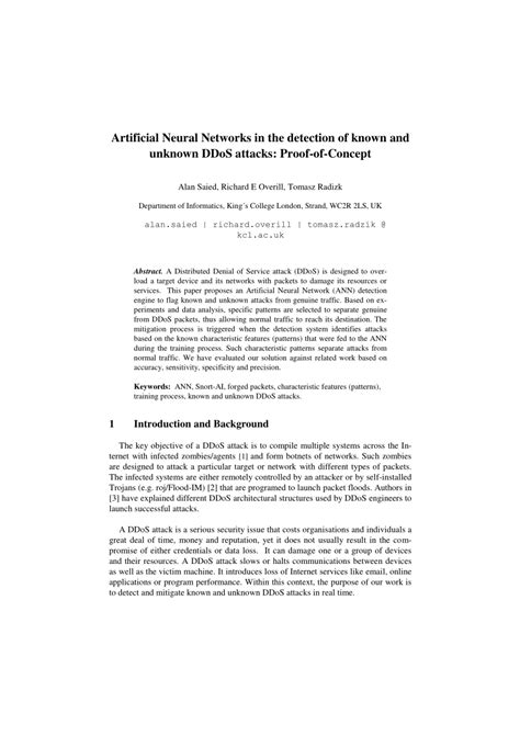 Pdf Artificial Neural Networks In The Detection Of Known And Unknown Ddos Attacks Proof Of
