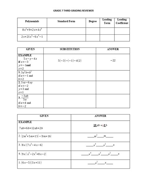 Grade 7 Elementary Algebra Reviewer 3rd Grading Pdf Mathematical