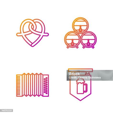 맥주 한 잔 악기 아코디언 프레첼 나무 통이 있는 거리 간판을 마개가 달린 선반에 놓습니다 그라데이션 색상 아이콘입니다 벡터 0명에 대한 스톡 벡터 아트 및 기타 이미지