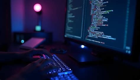 Hands Typing Code On Keyboard In Dark Room Premium Ai Generated Image