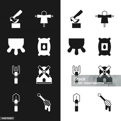 식물 유방 나무 도끼 허수아비 정원 갈퀴 풍차 꿀 국자 스틱 및 삽 아이콘의 씨앗으로 가득 찬 세트 팩 벡터 가루로 빻은에 대한 스톡 벡터 아트 및 기타 이미지 Istock