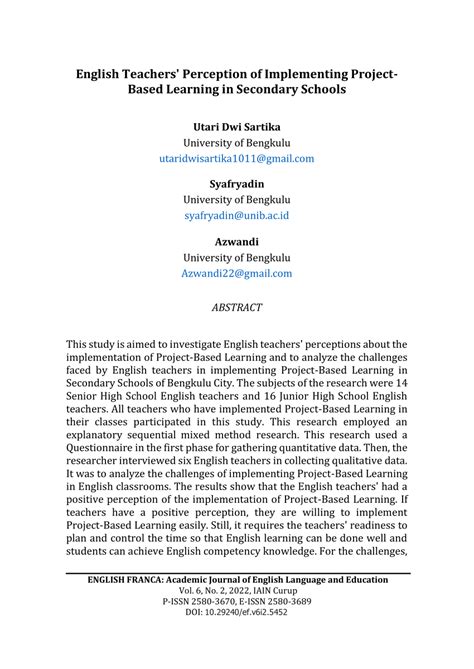 pdf english teachers perception of implementing project based