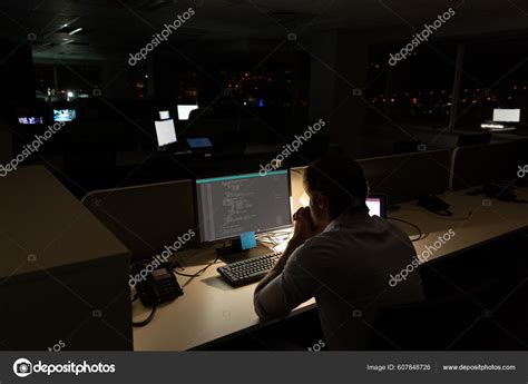 Caucasian Male Programmer Sitting Desk Using Computer Coding Screen