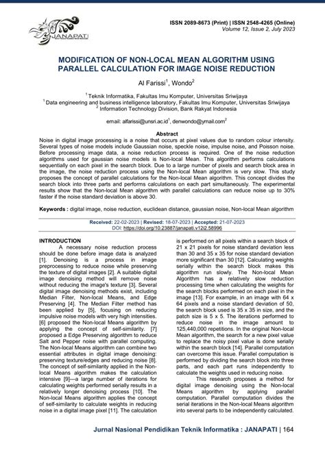 Pdf Modification Of Non Local Mean Algorithm Using Parallel Calculation For Image Noise Reduction
