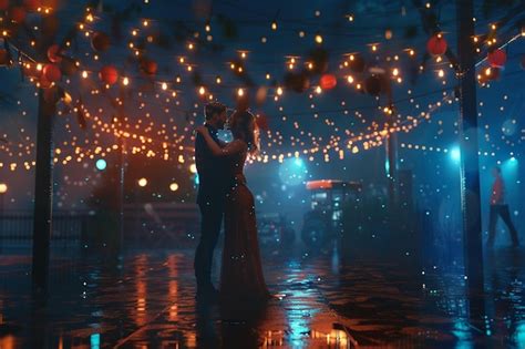 Premium Photo A Couple Dancing Under String Lights