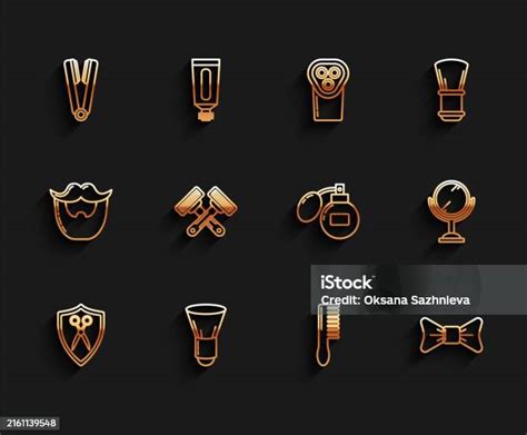 세트 라인 가위 미용사 및 방패 면도 브러쉬 컬링 아이언 헤어 브러시 나비 넥타이 교차 면도 면도기 핸드 미러 및 애프터 쉐이브 아이콘 벡터 거울에 대한 스톡 벡터 아트 및