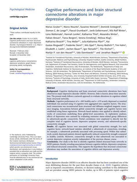 Pdf Cognitive Performance And Brain Structural Connectome Alterations In Major Depressive Disorder
