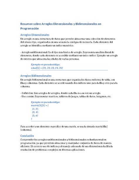 Resumen Sobre Arreglos Unidimensionales Y Bidimensionales En