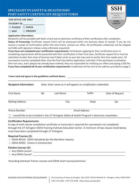 Fillable Online Ssh Port Safety Certificate Request Form Uta Ded Fax Email Print Pdffiller