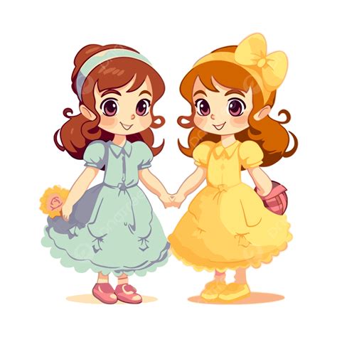 Cartoon Sisters Holding Hands