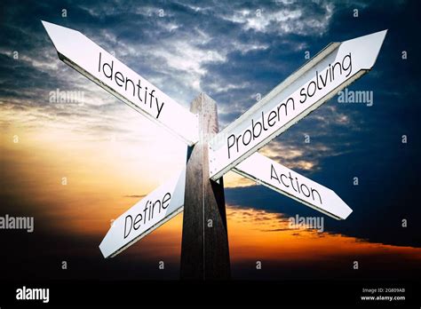 Problem Solving Identity Define Action Concept Signpost With Four Arrows Stock Photo Alamy