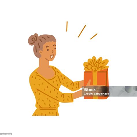 행복한 여자는 흰색 배경에 격리된 현재의 평면 벡터 삽화를 받았습니다 선물 상자를 가진 놀란 캐릭터 생일 축하 또는 휴일 선물 교환의 개념 Omg에 대한 스톡 벡터 아트 및
