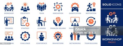 작업장 아이콘 세트 교육 회의 세미나 팀 빌딩 등의 모음 벡터 일러스트 레이 션입니다 어떤 색상으로도 쉽게 변경할 수 있습니다