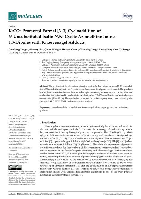 Pdf K2co3 Promoted Formal [3 3] Cycloaddition Of N Unsubstituted Isatin N N Cyclic Azomethine