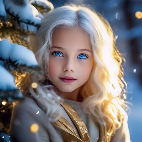 The Cutest Girl White Hair Big Blue Eyes Near The Christmas Tree