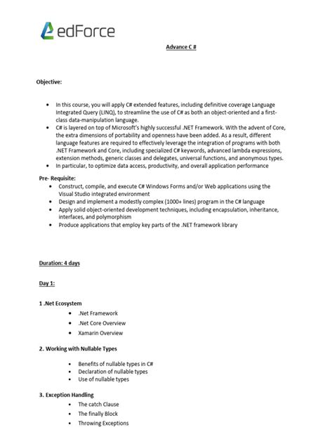 Toc Advance Csharp 4 Days Pdf C Sharp Programming Language Anonymous Function