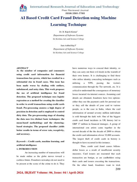 Ai Based Credit Card Fraud Detection Using Machine Learning Technique Download Free Pdf