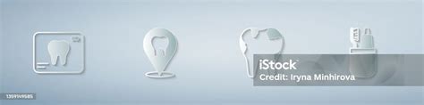 치아의 엑스레이 치과 진료소 위치 부서진 칫솔 및 치약설정 종이 아트 스타일 벡터 3차원 형태에 대한 스톡 벡터 아트 및 기타 이미지 3차원 형태 X 레이 건강 진단