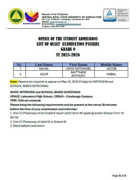 Cbsua Grade 9 What Interview And School Based Screening Date May 16 2025 Friday Venue