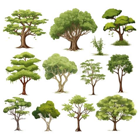 Illustrated Collection Of Different Types Of Trees With Various Shapes Stock Illustration