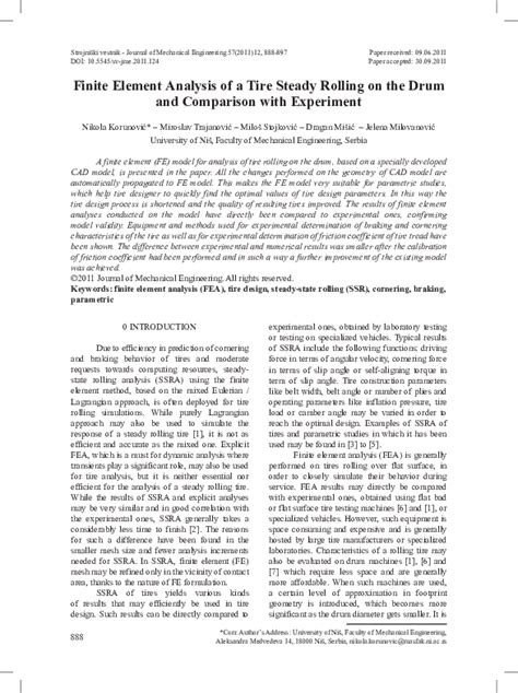 Pdf Finite Element Analysis Of A Tire Steady Rolling On The Drum And Comparison With Experiment