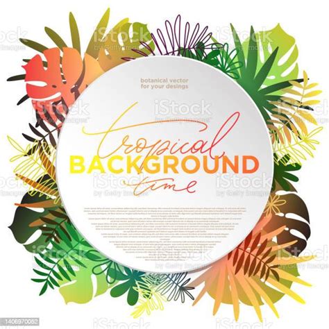 벡터 열대 광장 배너 다양한 야자수 잎과 텍스트 블록이있는 둥근 보드가있는 꽃 배경 포스터 초대장 광고 마케팅 자료를위한 정글 여름 템플릿 0명에 대한 스톡 벡터 아트 및