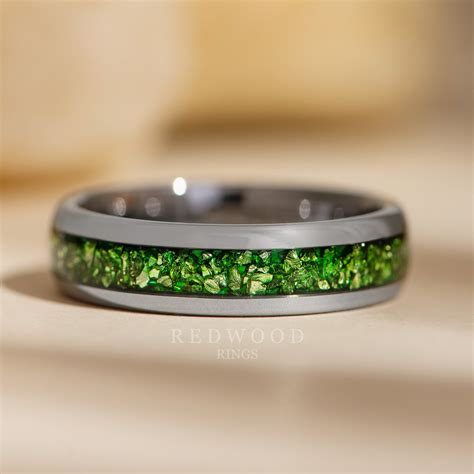 Silver Tungsten Ring With Green Lab Created Emerald Inlay 6mm