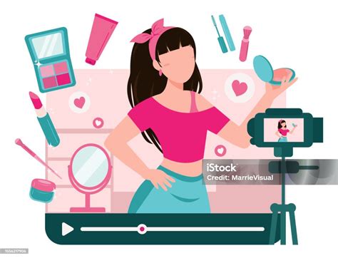 그녀의 브이로그를 위한 메이크업 튜토리얼 비디오를 녹화하는 뷰티 블로거 인플루언서에 대한 스톡 벡터 아트 및 기타 이미지