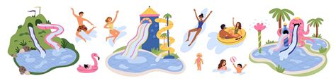 만화 행복한 워터 파크 방문자 아쿠아 파크에서 재미있는 사람들 어른과 아이가 미끄럼틀을 타고 내려갑니다 플라스틱 매력 워터파크