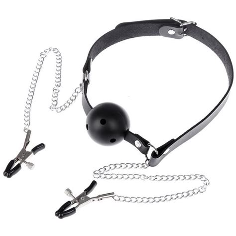 Aaa Jouet Rotique En Cuir Pu Boule De Gag Sexe Oral Avec Clip En Cha Ne Pince Mamelon